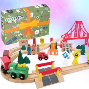 wooden train tracks full set, deluxe 55 pcs with 3 destination fits thomas, brio, ikea, chuggington, imaginarium, melissa and doug - best gifts for kids toddler boys and girls