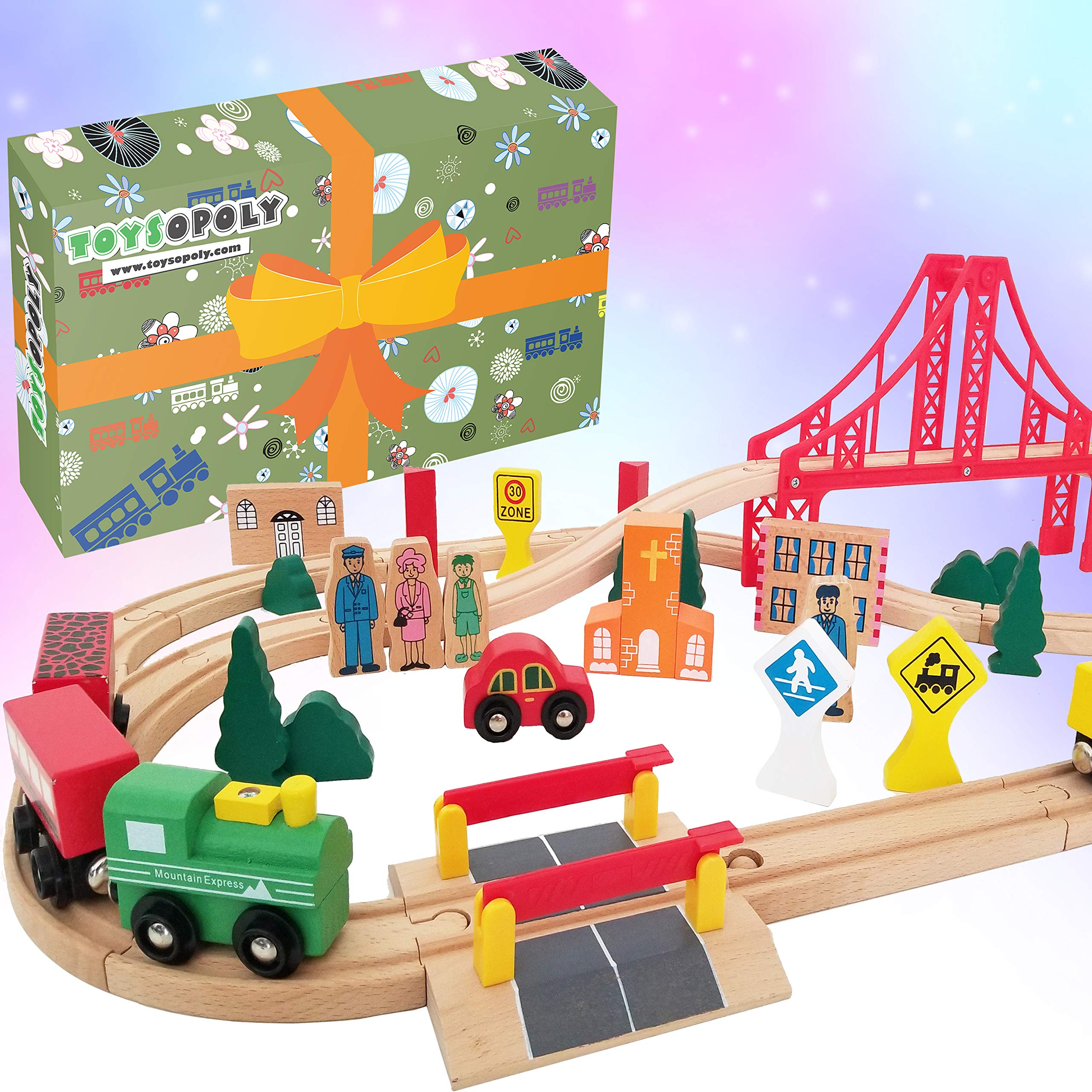 Wooden Train Tracks Full Set, Deluxe 55 Pcs with 3 Destination Fits Thomas, Brio, IKEA, Chuggington, Imaginarium, Melissa and Doug - Best Gifts for Kids Toddler Boys and Girls