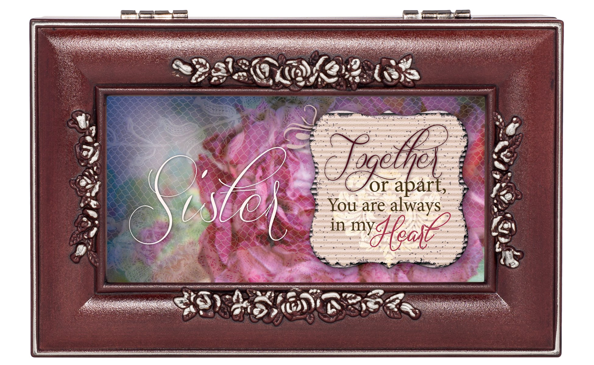 Cottage Garden Sister Always in My Heart Rosewood Finish Embossed Jewelry Music Box - Plays Tune Canon in D