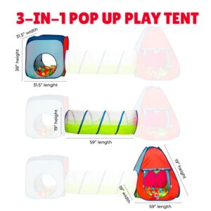 Kiddey Tunnel and Ball Pit Play Tent | 3pc Pop Up Toddler Gym Tunnels with Tents for Kids, Toddlers, Infants Boys & Girls | Indoor & Outdoor Gift Game | Baby Crawling Pits for Playground