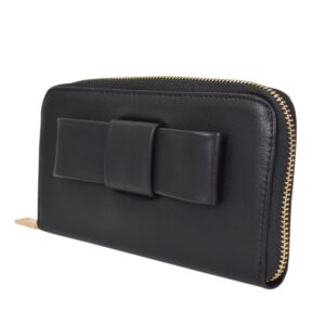 women's bow front pu leather zip around wallet, black