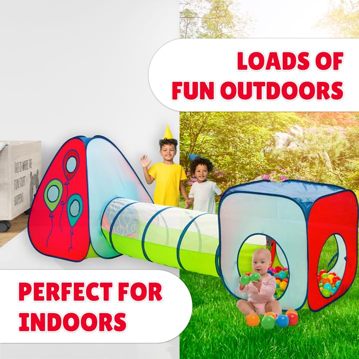 Kiddey Tunnel and Ball Pit Play Tent | 3pc Pop Up Toddler Gym Tunnels with Tents for Kids, Toddlers, Infants Boys & Girls | Indoor & Outdoor Gift Game | Baby Crawling Pits for Playground