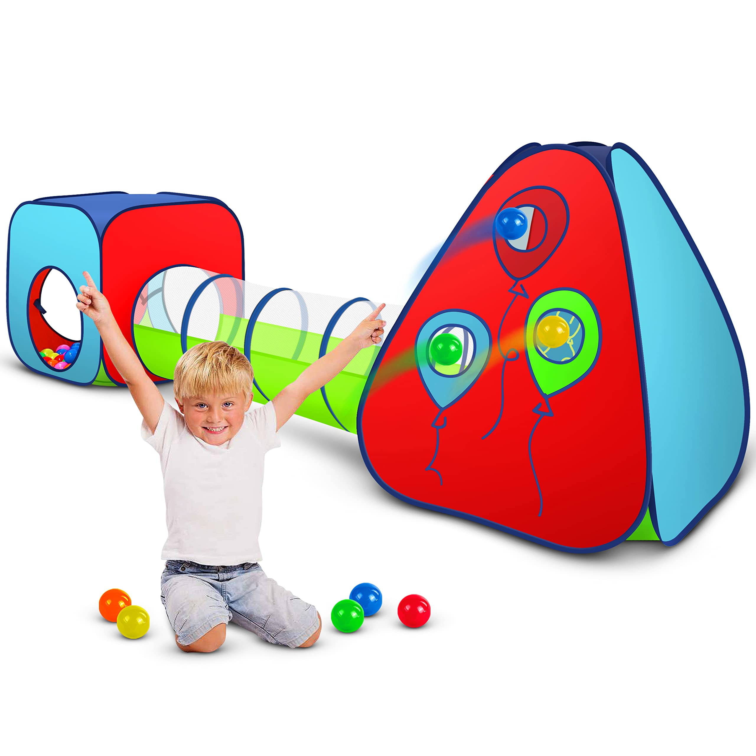 Kiddey Tunnel and Ball Pit Play Tent | 3pc Pop Up Toddler Gym Tunnels with Tents for Kids, Toddlers, Infants Boys & Girls | Indoor & Outdoor Gift Game | Baby Crawling Pits for Playground