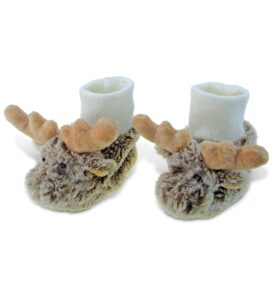 dollibu brown moose soft plush baby shoes - soft & fluffy wild life fleece unisex footwear with stuffed animal moose for baby boy or girl - fuzzy indoor slipper, winter foot warmer - one size