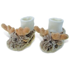 DolliBu Brown Moose Soft Plush Baby Shoes - Soft & Fluffy Wild Life Fleece Unisex Footwear with Stuffed Animal Moose for Baby Boy or Girl - Fuzzy Indoor Slipper, Winter Foot Warmer - One Size