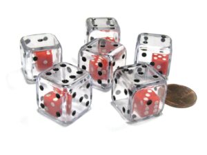 set of 6 d6 19mm double dice, 2-in-1 dice - red inside clear die by koplow games