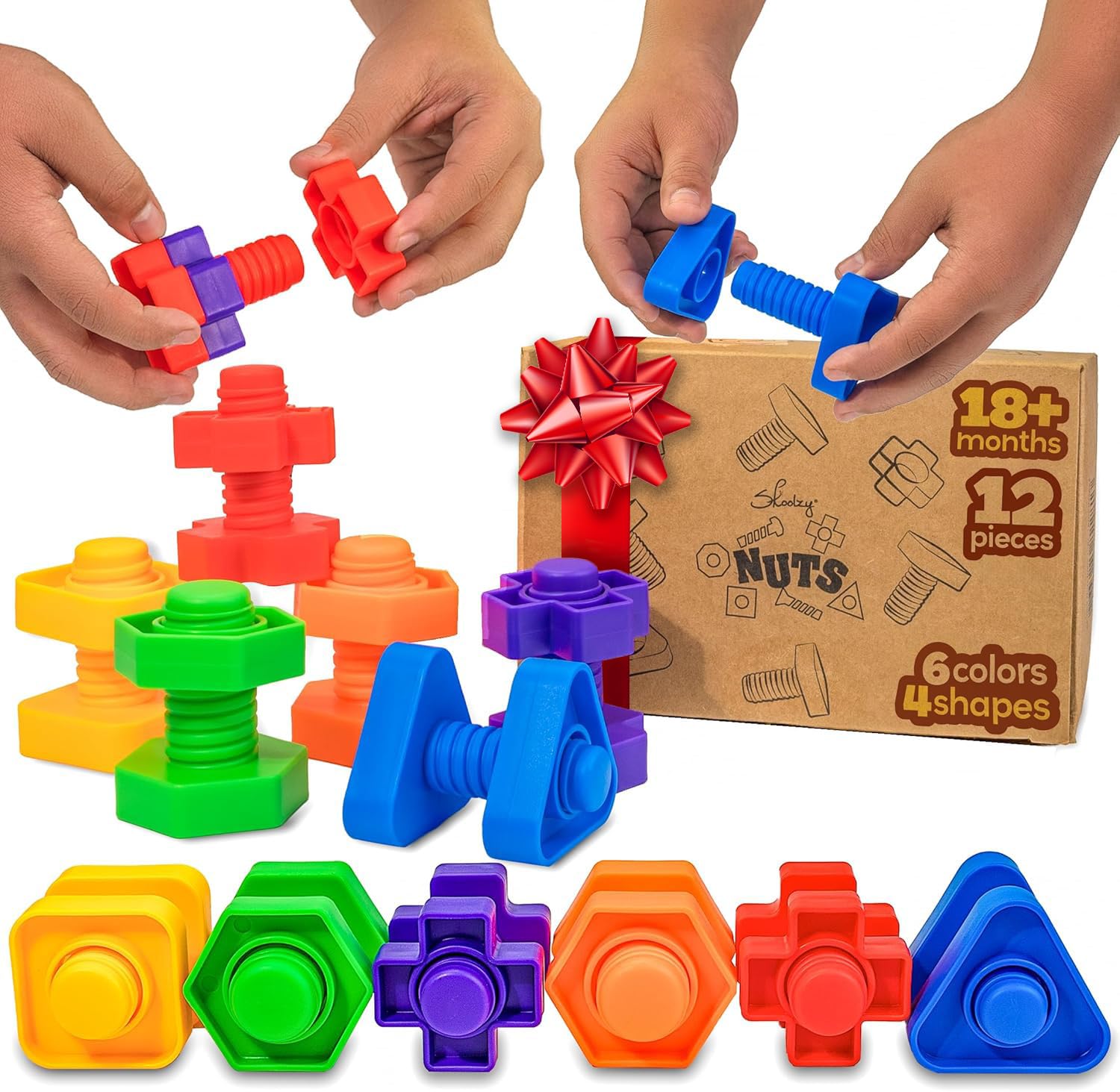 Skoolzy Plastic Nuts and Bolts 12 Piece - Kids Nuts and Bolts - Toddler Engineering Toys for 18+ Months - Screw Toys for Toddlers