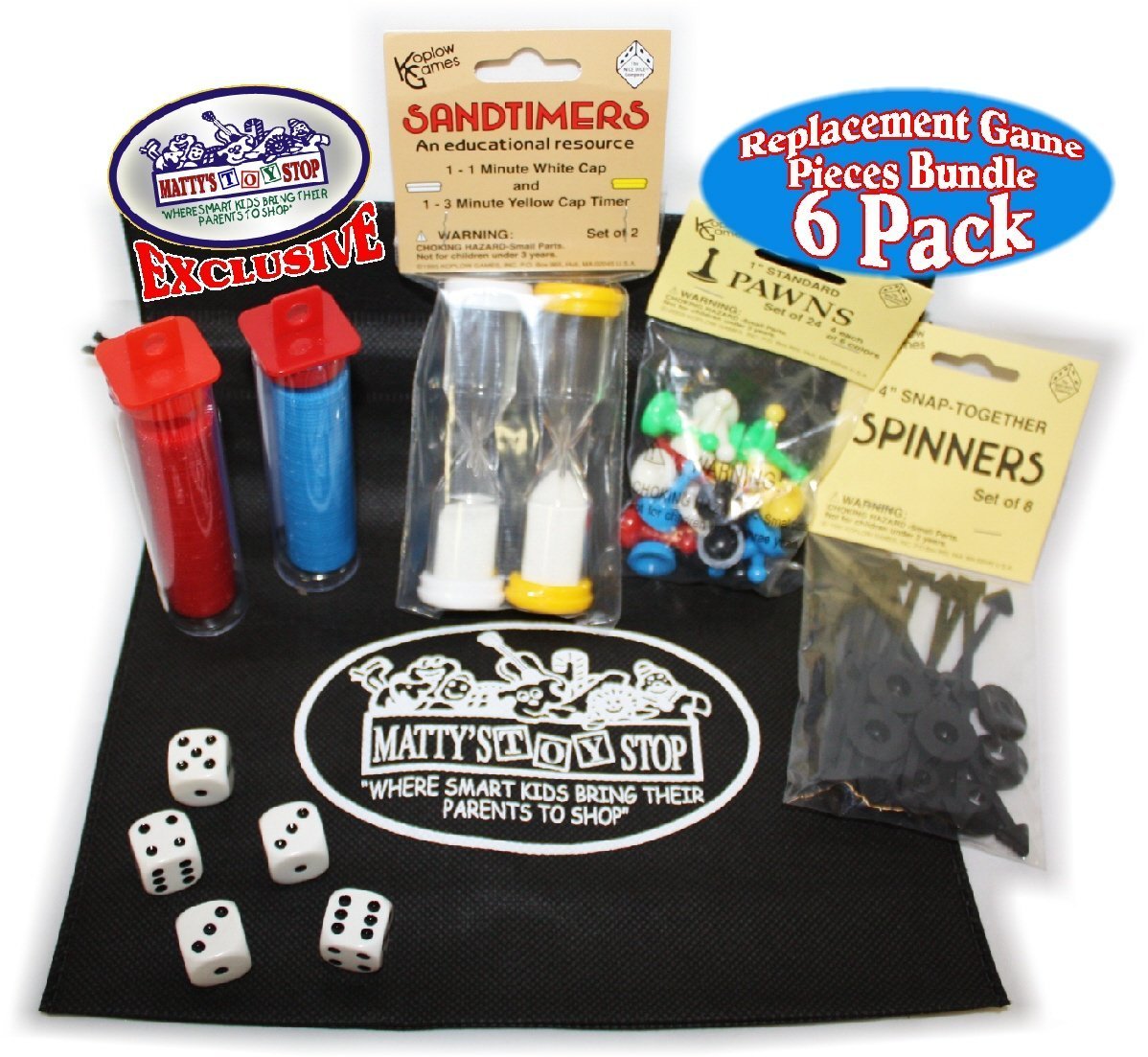 Koplow Games Universal Game Pieces Replacement Set with Exclusive Matty's Toy Stop Cinch Storage Bag - 6 Pack