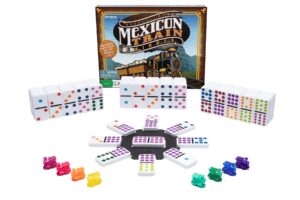 mexican train dominoes - beautiful color dot double 12 dominoes set - includes train markers and hub by pressman multi color, 5"