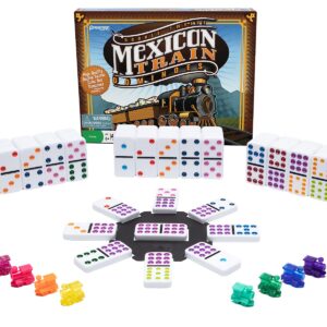 Mexican Train Dominoes - Beautiful Color Dot Double 12 Dominoes Set - Includes Train Markers and Hub by Pressman Multi Color, 5"