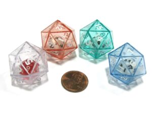 koplow games set of 4 d20 24mm double dice, 2-in-1 dice - 1 each of green red blue clear