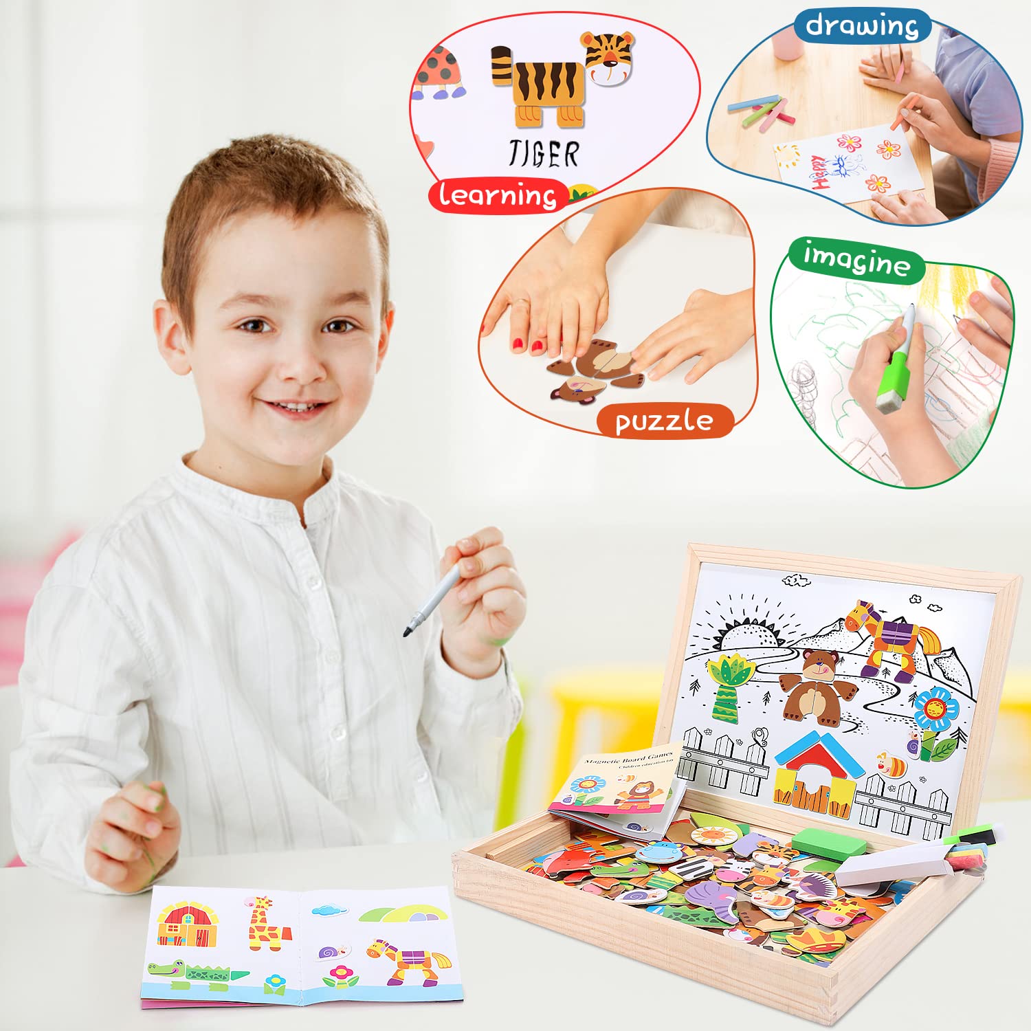 Lewo Wooden Educational Toys Magnetic Art Easel Animals Wooden Puzzles Games for Kids