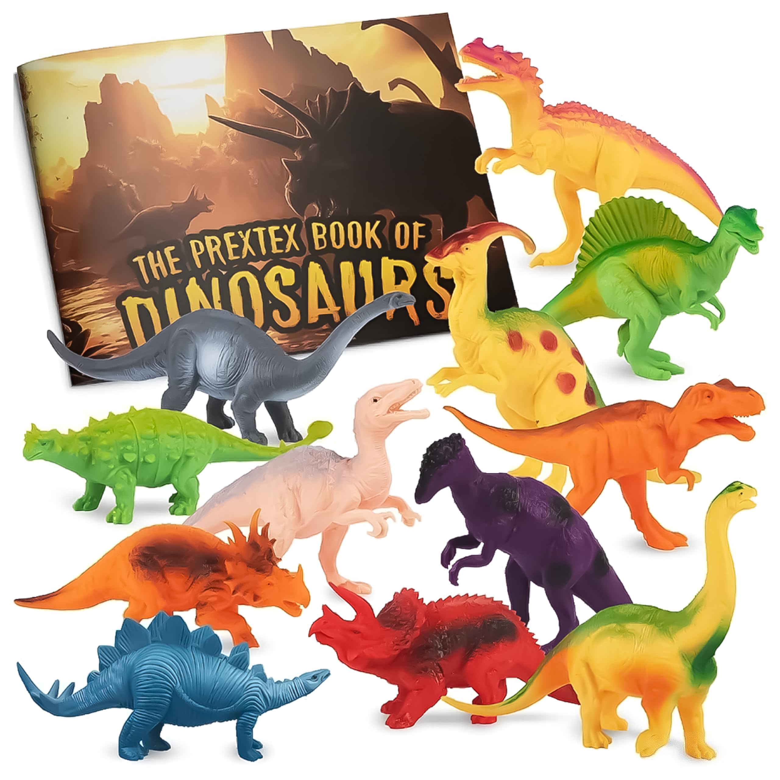 PREXTEX Dinosaur Toys for Kids 3-5 - 12 Dinosaur Figurines and Dinosaur Book for Kids - Realistic Toy Dinosaur Figures - Dino Toys with Educational Books for Boys and Girls