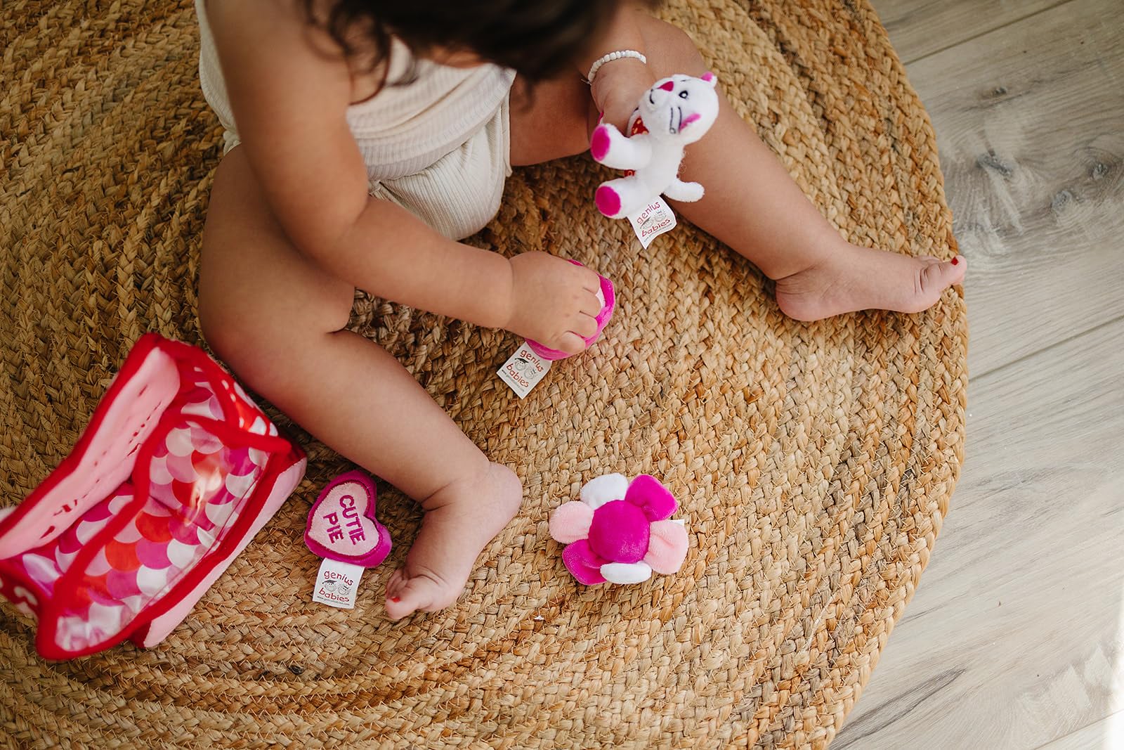 Baby's First Valentine's Day Gift - Deluxe Toy Set with 4 Sensory Toys (Cat, Heart, Flower, Cupcake) for Babies and Toddlers - Sweet Valentine's Gift for Baby Girls and Baby Boys by Genius Baby Toys