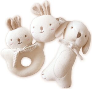 john n tree organic baby first friends, stuffed animals (puppy & baby rabbit rattle set) attachment doll for baby, organic toy