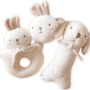 JOHN N TREE Organic Baby First Friends, Stuffed Animals (Puppy & Baby Rabbit Rattle Set) Attachment Doll for Baby, Organic Toy