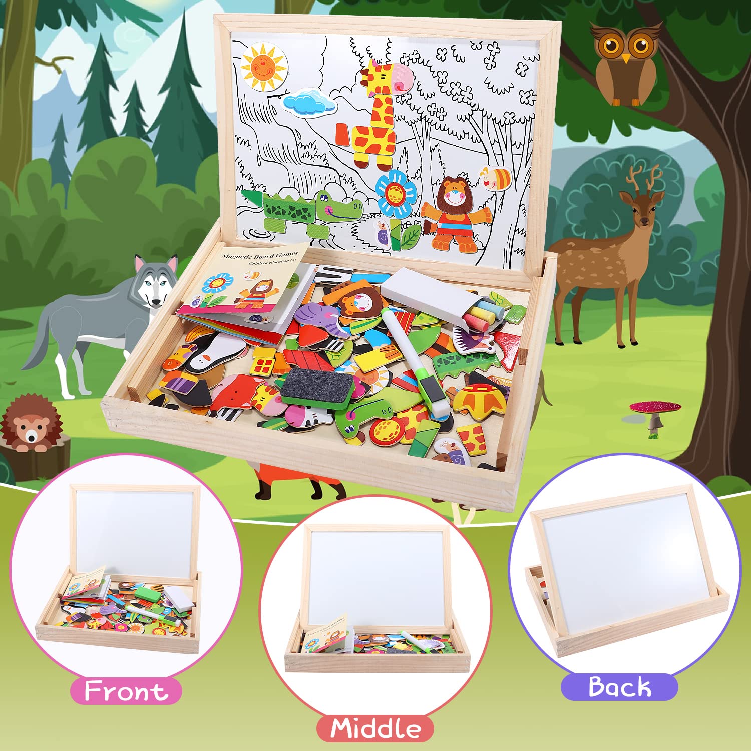 Lewo Wooden Educational Toys Magnetic Art Easel Animals Wooden Puzzles Games for Kids