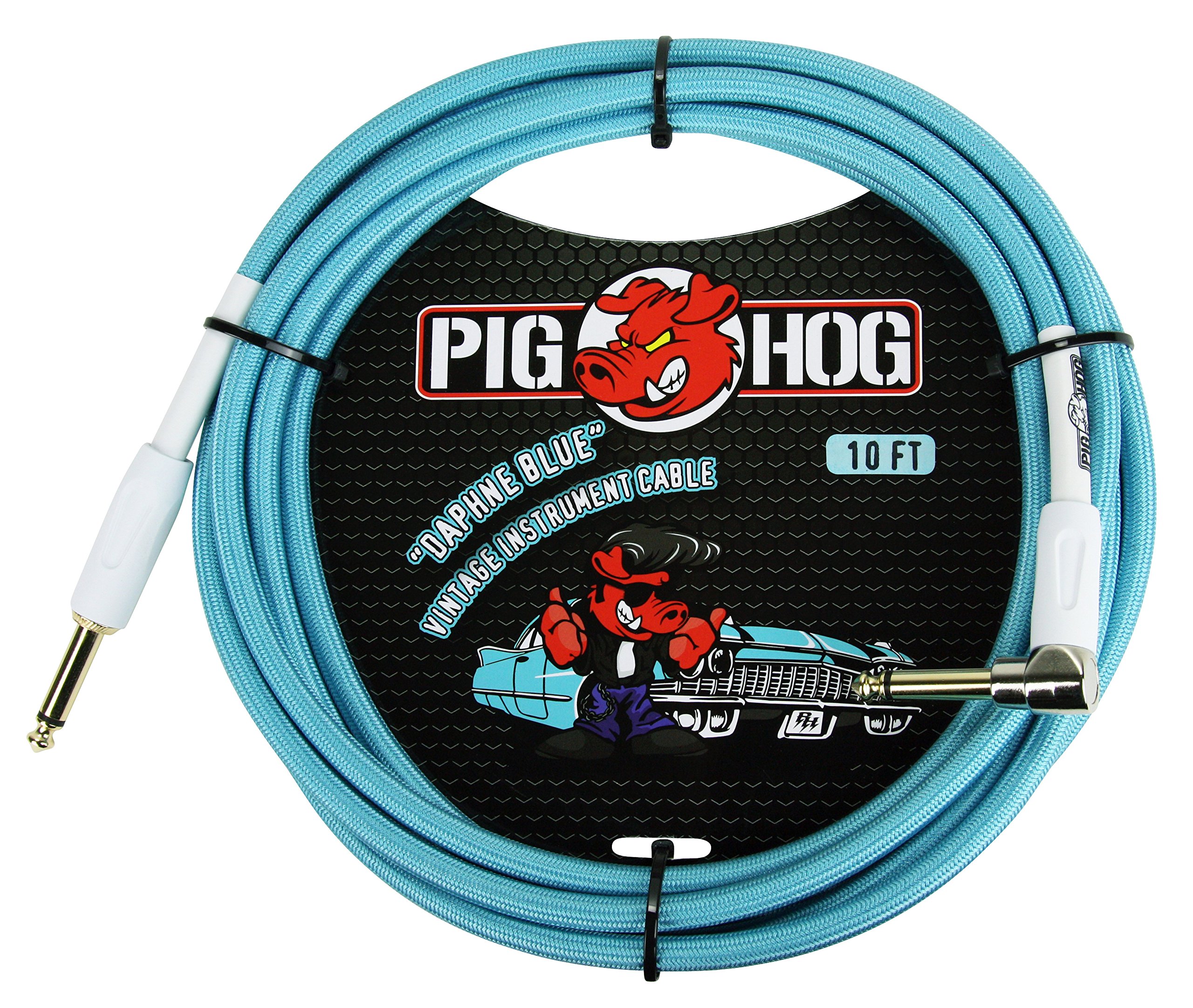 Pig Hog PCH10DBR 1/4" to 1/4" Right-Angle Daphne Blue Guitar Instrument Cable, 10 Feet