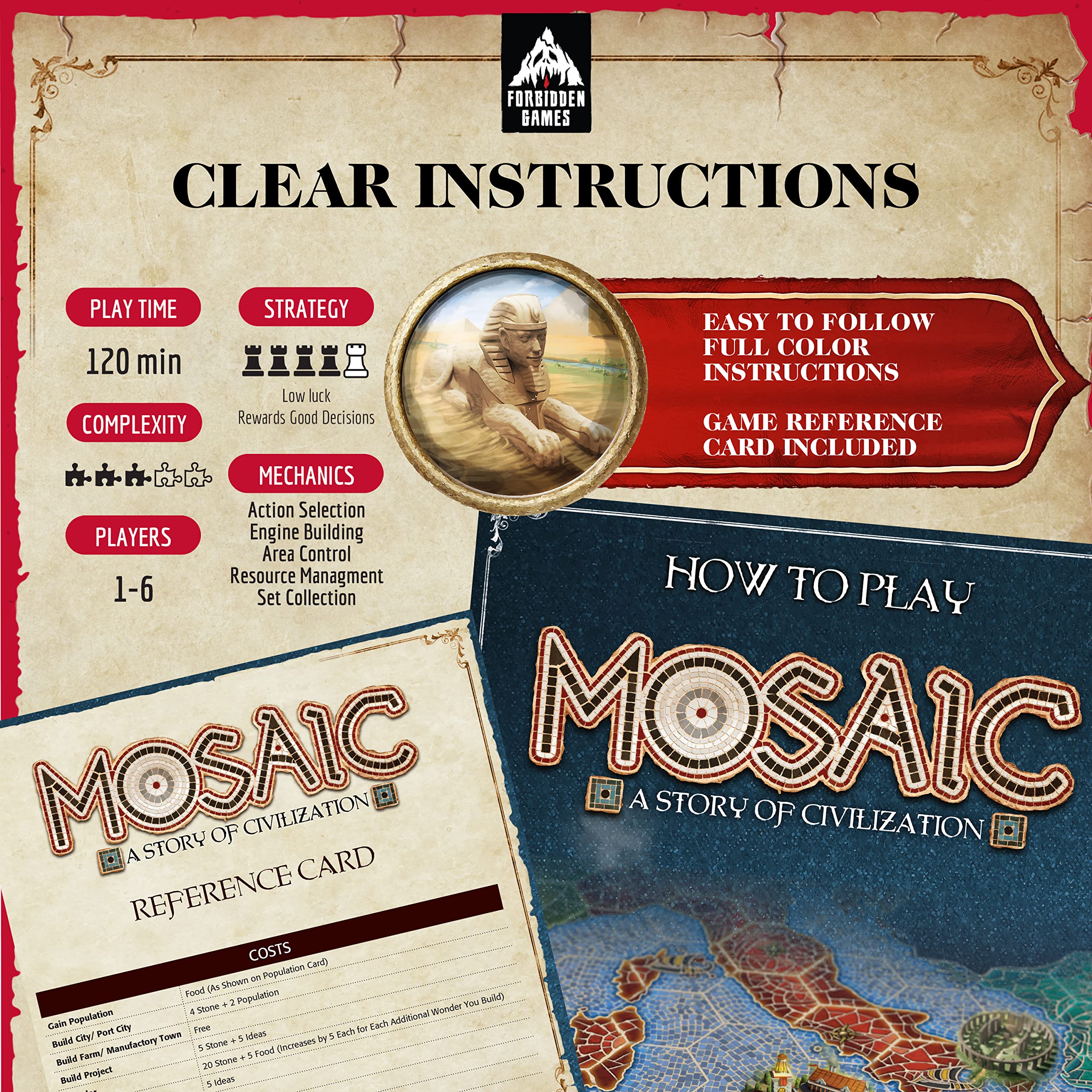 Mosaic: A Story of Civilization - Strategy Board Game for Adults and Family | Fast, Fun, Action-Selection and Area Control Game | 1-6 Players | Ages 14 and Up | 120 Minutes | by Forbidden Games