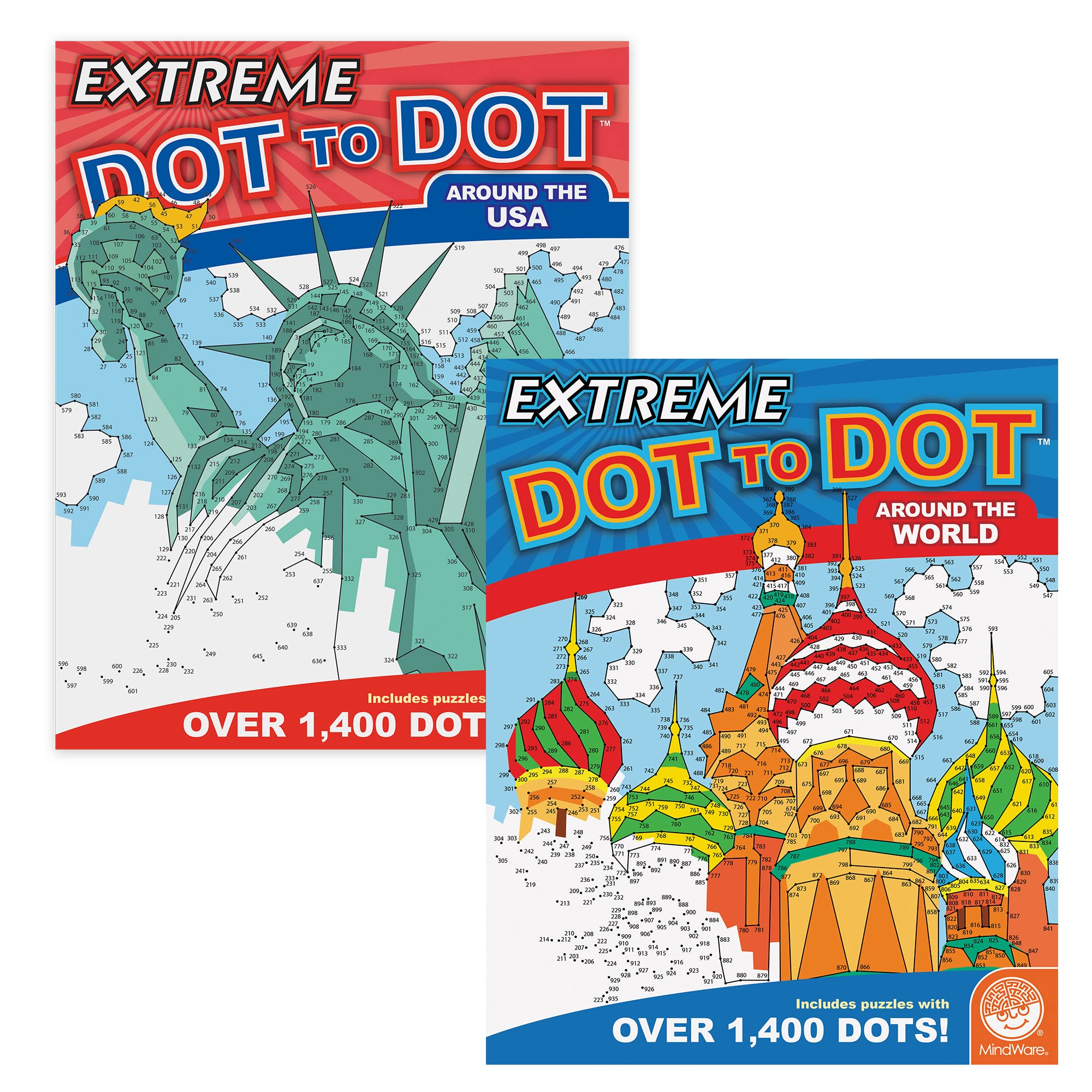 MindWare Extreme Dot to Dot Coloring Books Set of 2 - Includes Around The USA and Around The World Connect The Dots Books - Puzzles with 300 to 1400 Dots - Dot to Dot Books for Kids & Adults