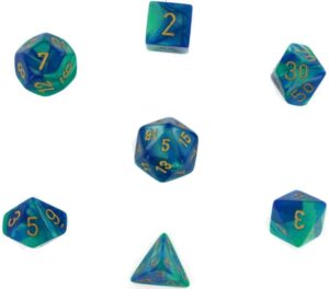 polyhedral 7-die gemini dice set: blue/teal with gold