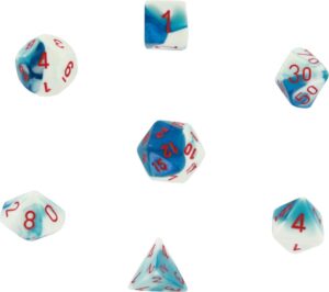 polyhedral 7-die gemini dice set: astral blue / white with red (d4, d6, d8, d10, d12, d20 & d00)