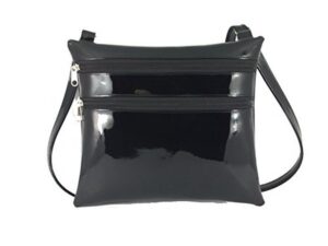 loni womens super flat cross-body shoulder bag faux patent leather medium size in black