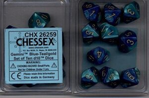 chessex dice d10 sets: gemini blue / teal with gold - ten sided die (10)