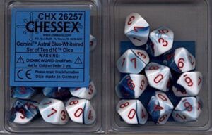 chessex dice d10 sets: gemini astral blue / white with red - ten sided die (10)