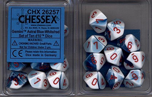 Chessex Dice d10 Sets: Gemini Astral Blue / White with Red - Ten Sided Die (10)