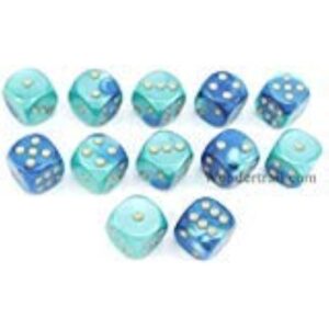 chessex gemini signature series dice 16mm d6 set (12) blue teal w/ gold (chx26659) by chessex dice