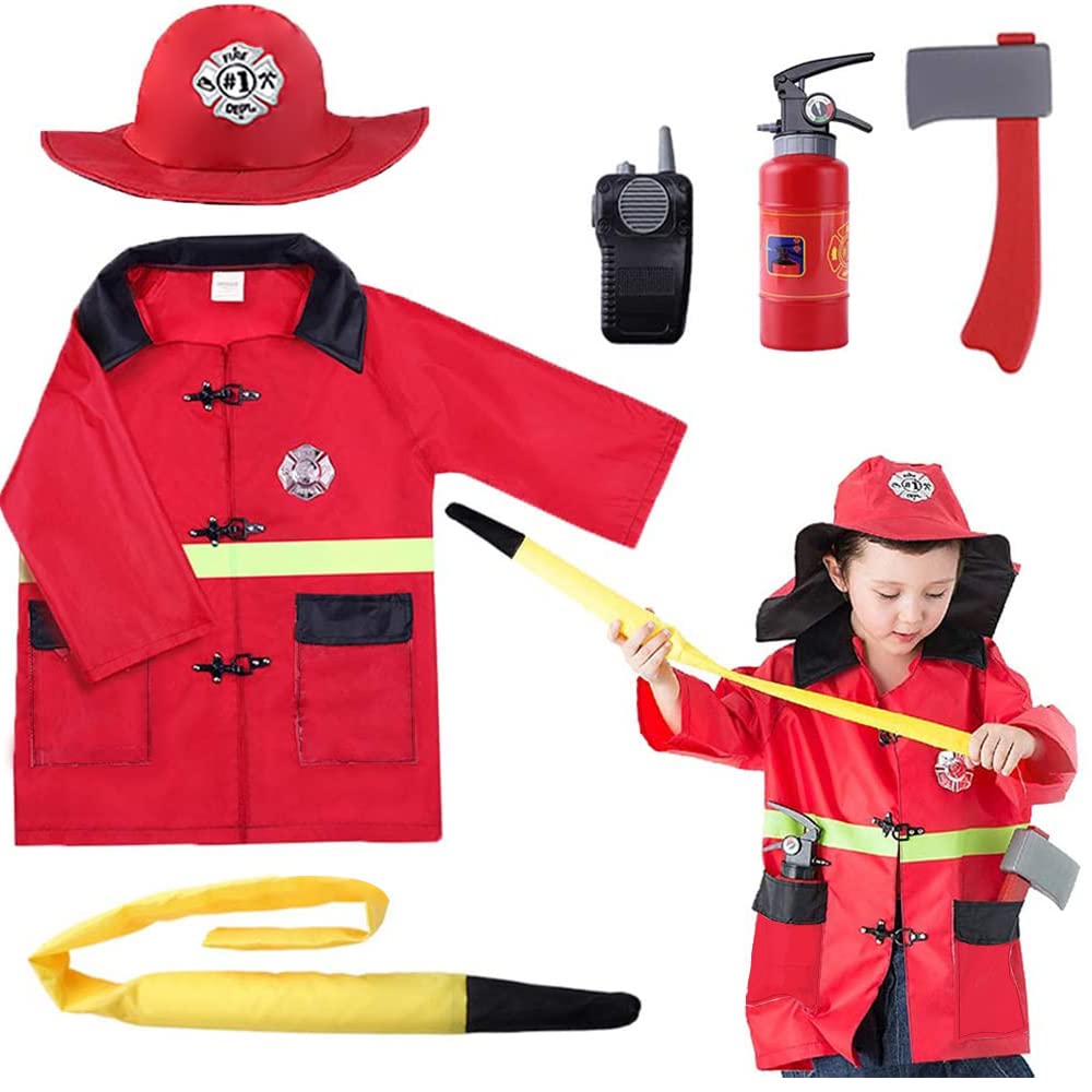 iPlay, iLearn Kids Firefighter Costumes, Toddler Fireman Dress up, Boy Fire Pretend Chief Outfit, Halloween Role Play Career Suit W/Walkie Talkie Hose, Party Birthday Gift for 3 4 5 6 7 Year Old Girl