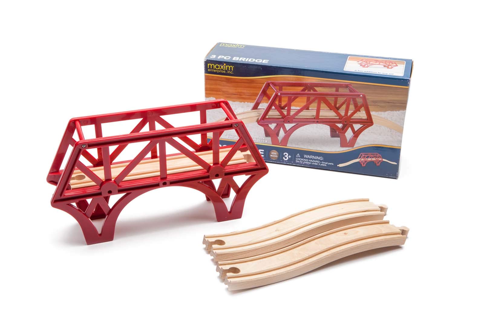 maxim enterprise, inc. 3 Piece Bridge with Ascending Tracks, Durable Plastic and Wooden Railway Suspension Bridge, Accessory Compatible with Major Name Brand Wooden Trains and Accessories