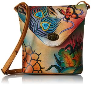 anna by anuschka genuine leather v-shap flap crossbody bag | hand-painted original artwork | peacock collage