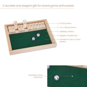 Bits and Pieces - Large Shut The Box Game - 3-in-1 Board Game - 12 Dice Board Game - Wooden Pub Tabletop Game Box - 2 Dice Included