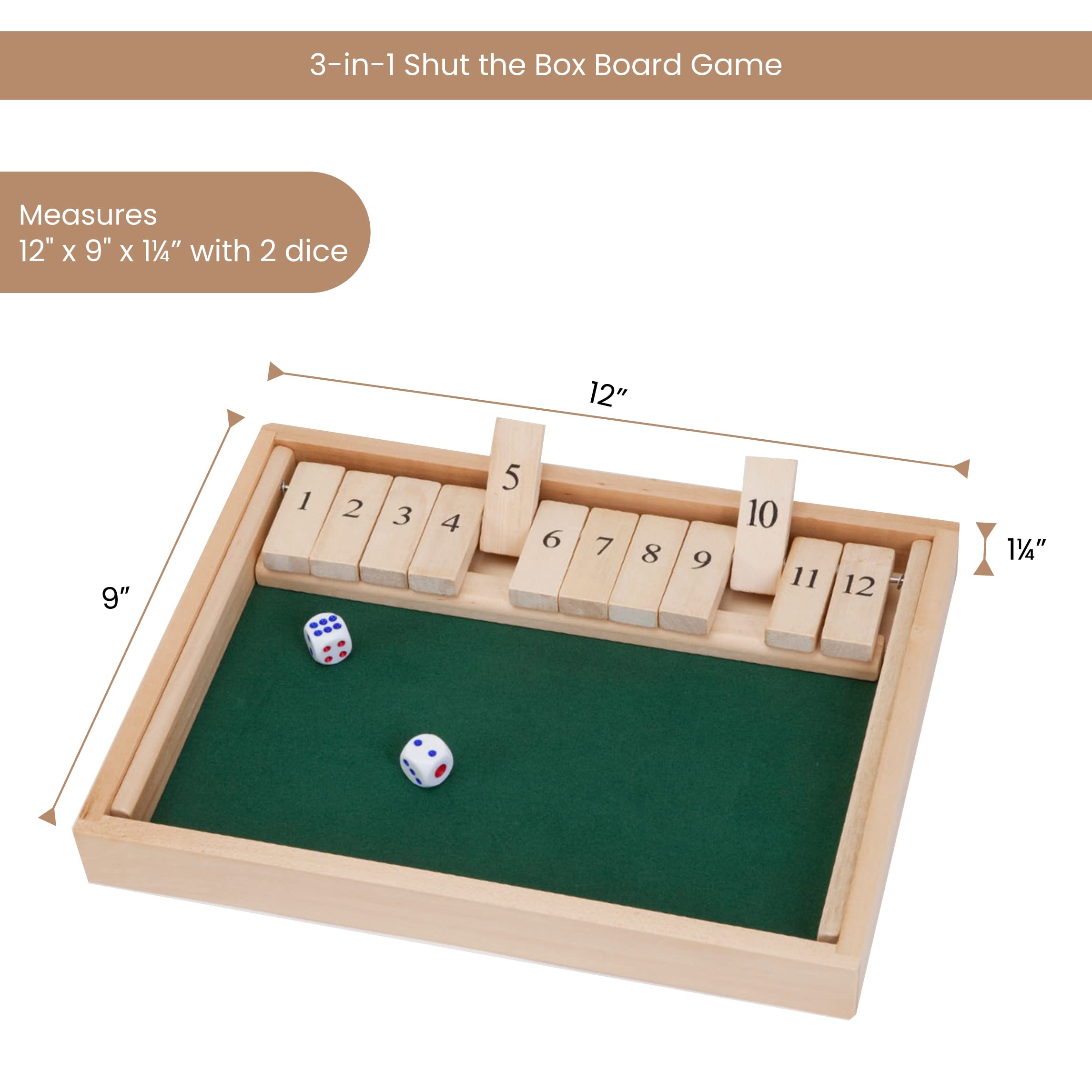 Bits and Pieces - Large Shut The Box Game - 3-in-1 Board Game - 12 Dice Board Game - Wooden Pub Tabletop Game Box - 2 Dice Included