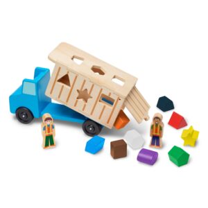 melissa & doug shape-sorting wooden dump truck toy with 9 colorful shapes and 2 play figures wooden vehicle toys, shape sorter toys for toddlers ages 2+