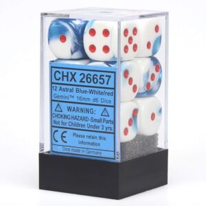 chessex dice d6 sets: gemini astral blue / white with red - 16mm six sided die (12) block of dice