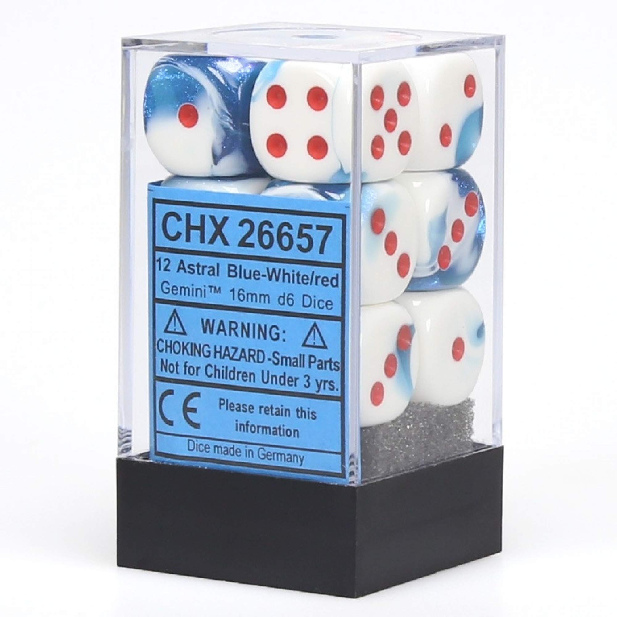 Chessex Dice d6 Sets: Gemini Astral Blue / White with Red - 16mm Six Sided Die (12) Block of Dice