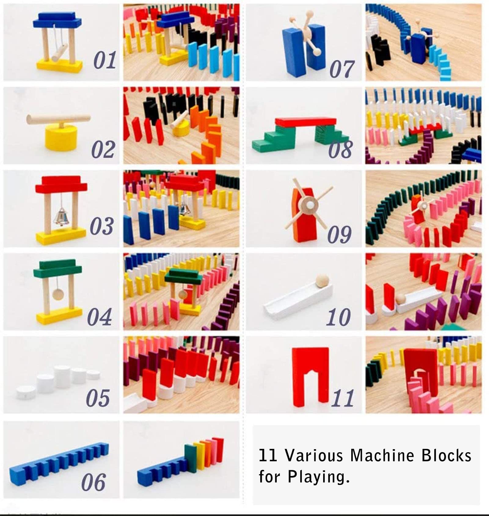 Lewo 1000 PCS Dominoes Set for Kids Wooden Building Blocks Bulk Dominoes Racing Tile Games with Extra 11 Add-on Blocks and Storage Bag