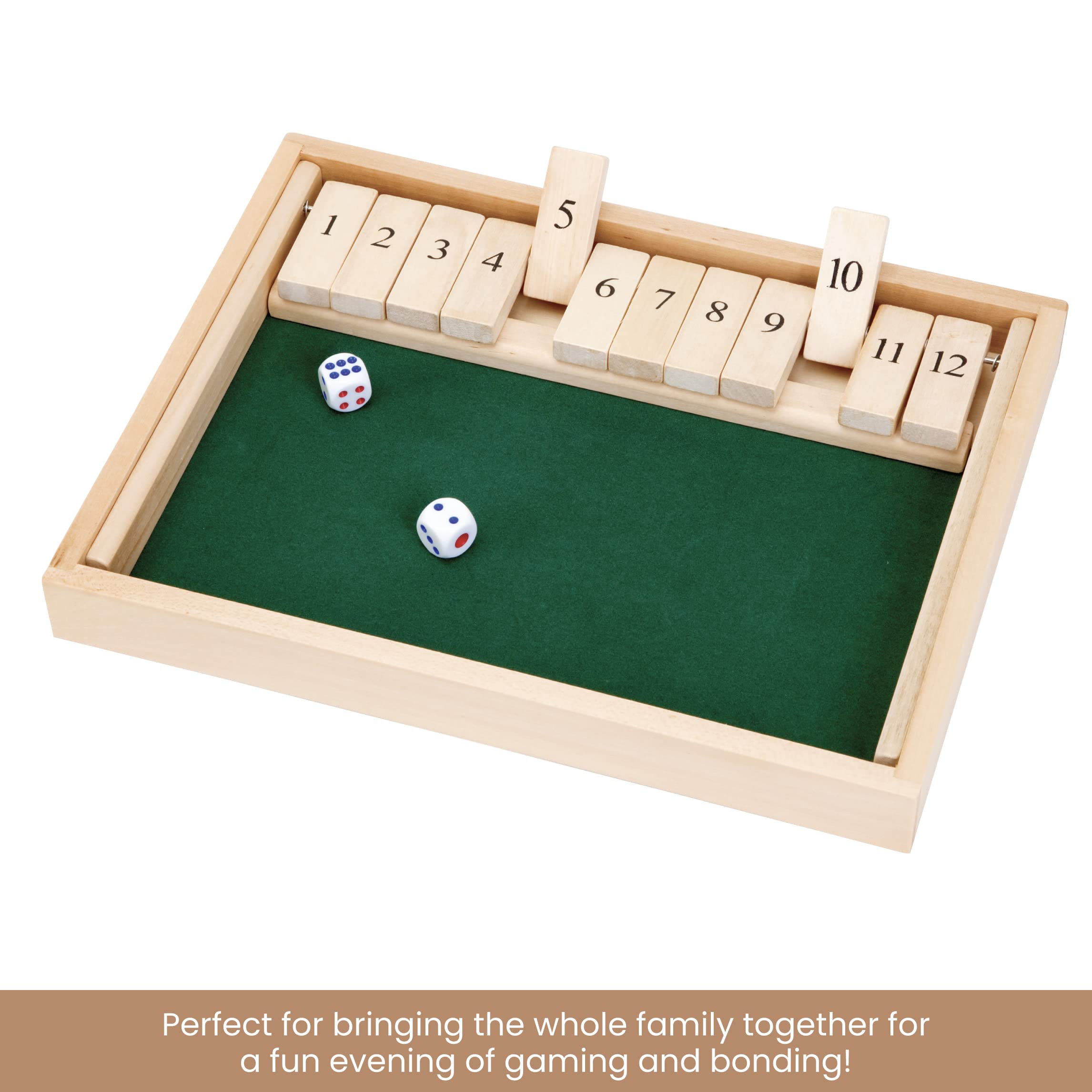 Bits and Pieces - Large Shut The Box Game - 3-in-1 Board Game - 12 Dice Board Game - Wooden Pub Tabletop Game Box - 2 Dice Included