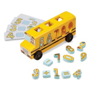 melissa & doug number matching math bus - educational toy with 10 numbers, 3 math symbols, and 5 double-sided cards