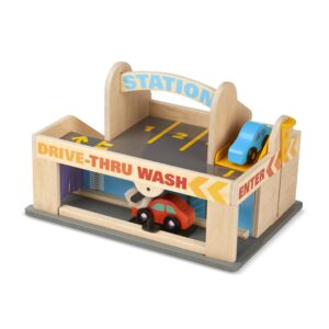 melissa & doug service station parking garage with 2 wooden cars and drive-thru car wash