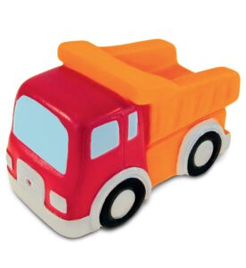 dollibu dump truck bath buddy squirter - floating truck rubber bath toy, fun water squirting bathtime play for toddlers, cute construction vehicle toy for the bathtub, beach, & pool for girls & boys