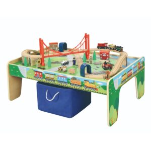 50 piece wooden train set with activity table & storage bin - 100% hardwood track, engine, oil tanker, caboose, fire engine, station, policeman, farm animals. compatible with all major brands