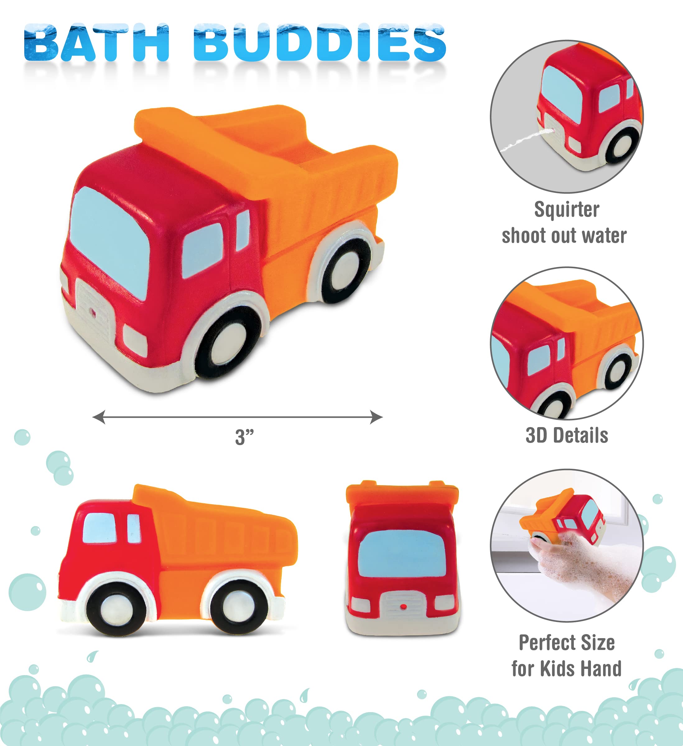 DolliBu Dump Truck Bath Buddy Squirter - Floating Truck Rubber Bath Toy, Fun Water Squirting Bathtime Play for Toddlers, Cute Construction Vehicle Toy for The Bathtub, Beach, & Pool for Girls & Boys