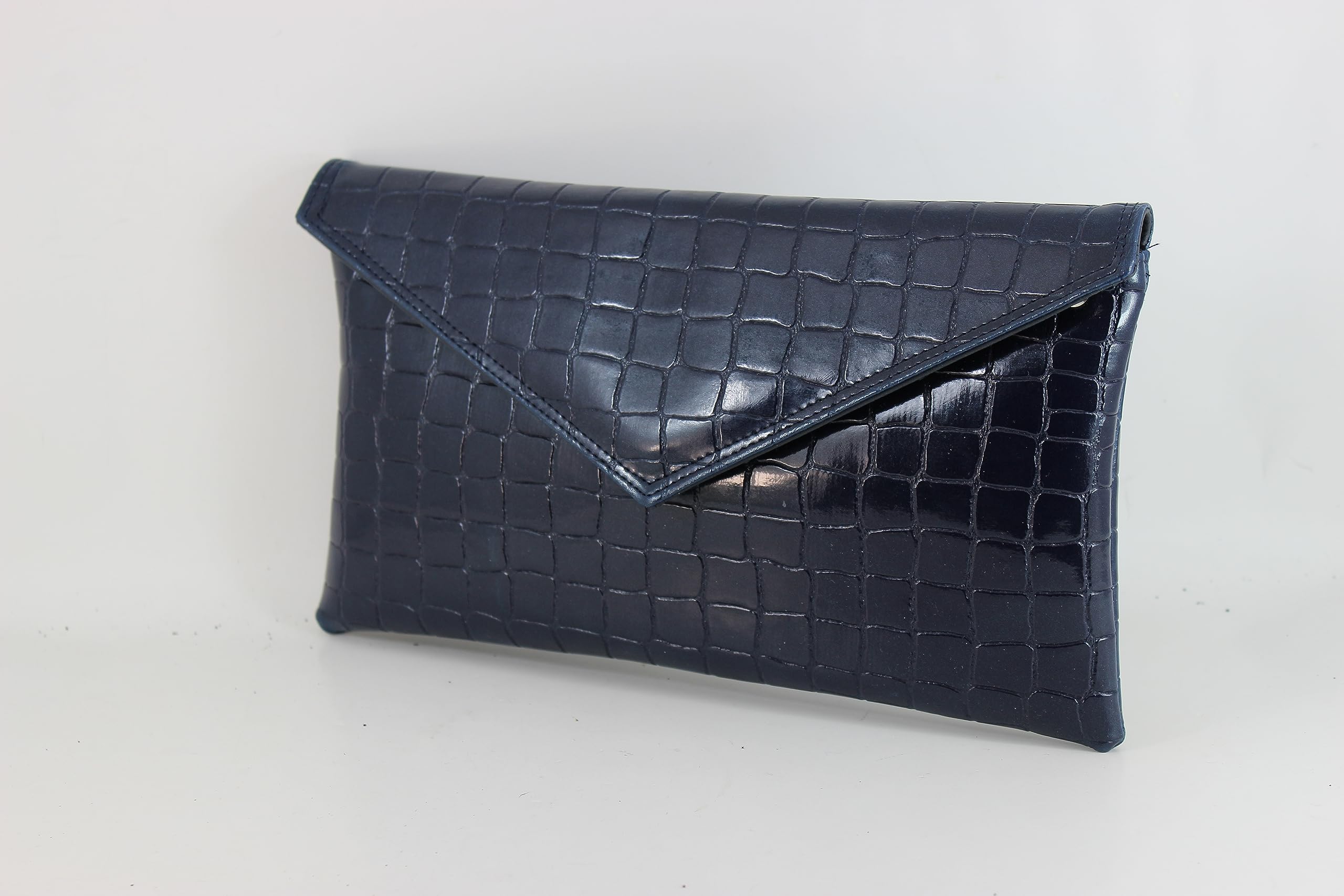 LONI Womens Neat envelope patent croc clutch bag in Black