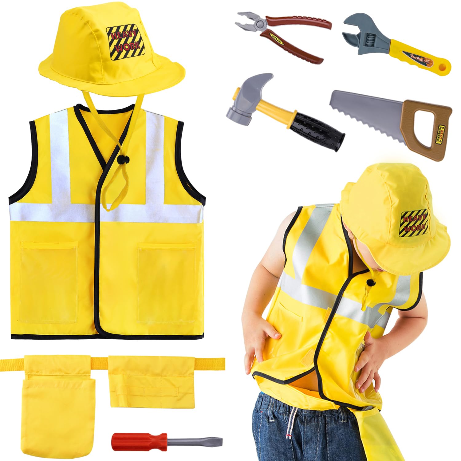 iPlay, iLearn Kids Construction Costumes, Toddler Worker Dress Up Clothes, Boys Pretend Builder Career Outfit, Halloween Role Play Toys, Tool Belt Vest Hat, Party Birthday Gift 3 4 5 6 Years Old Child