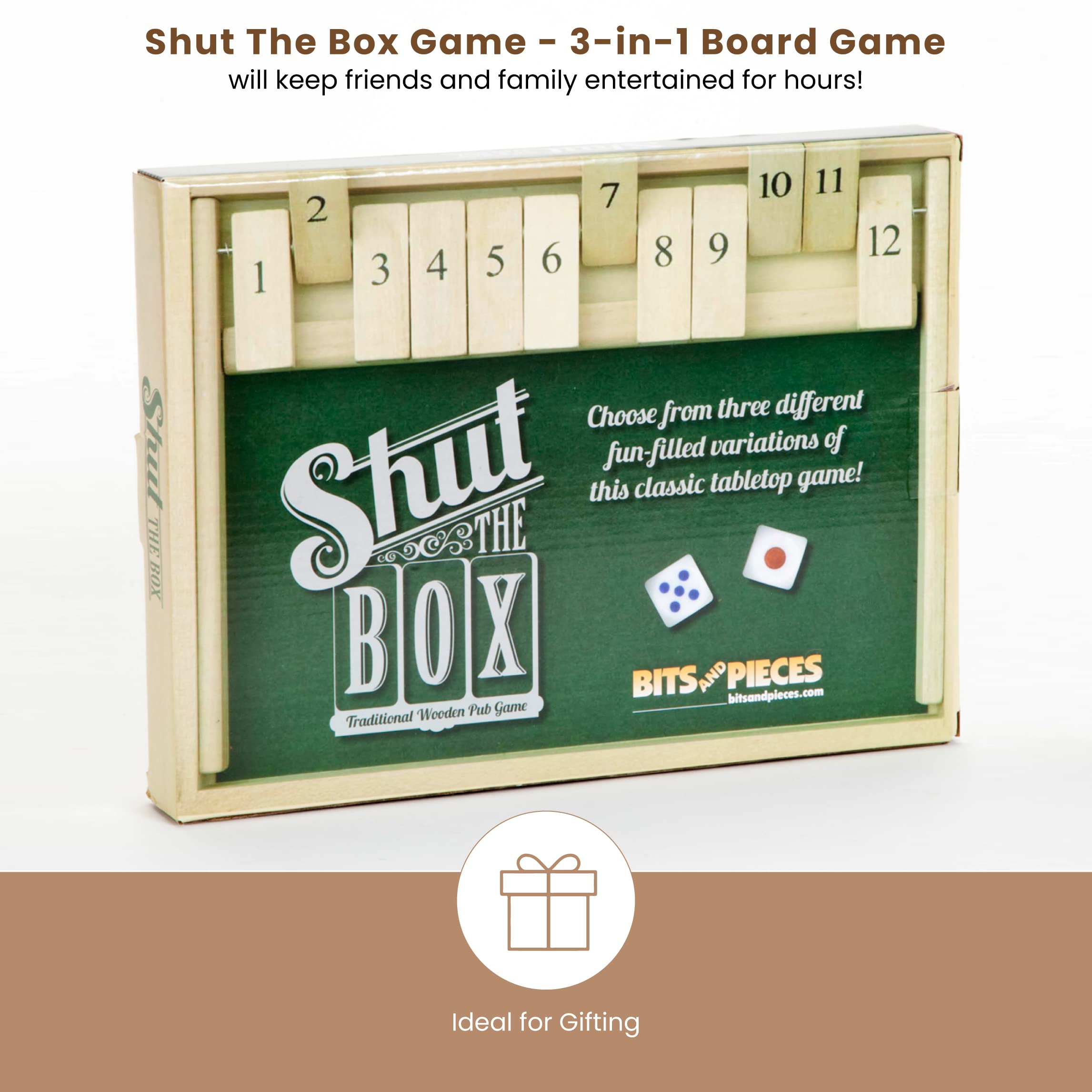 Bits and Pieces - Large Shut The Box Game - 3-in-1 Board Game - 12 Dice Board Game - Wooden Pub Tabletop Game Box - 2 Dice Included