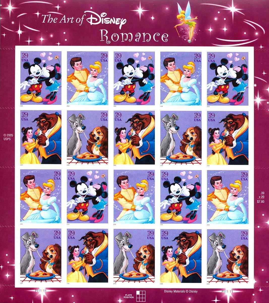 Art of Disney: Romance, Full Sheet of 20 x 39-Cent Stamps, USA 2006, Scott 4025-28